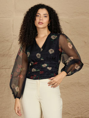 Buy Poppy Women Floral Print Full Sleeve Smocked Top (S) Online