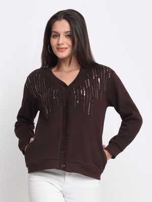 Buy SHAYE Brown Fleece Full Sleeves Cardigan (S) Online
