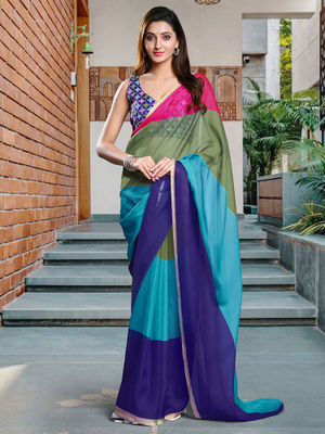 Buy Akhilam Women Organza Multicolored Colorblock Celebrity Saree with ...