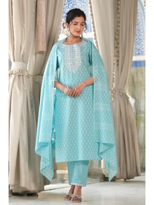 Buy Autumnlane Radhya Sky Cotton Suit Kurta with Pant and Dupatta (Set ...