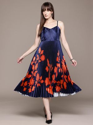 Buy Label Ritu Kumar Navy Blue Olina Sweetheart Neck Strappy Midi Dress ...
