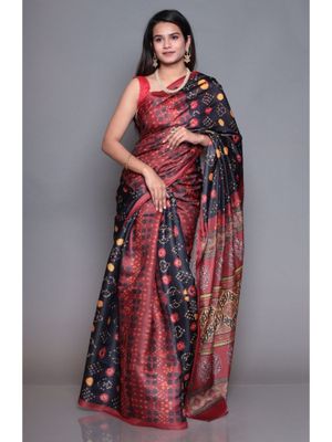 Buy Zari Jaipur Black Digital Print Tussar Satin Saree with Unstitched ...