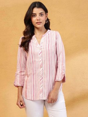 Buy Fabindia White Cotton Striped Shirt (XS) Online