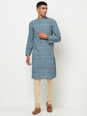 Buy Fabindia Cotton Blue Checked Men Kurta Online