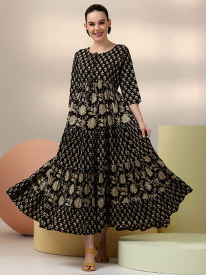 Buy Libas Black Floral Printed Cotton Pleated Panelled Dress (2XL) Online