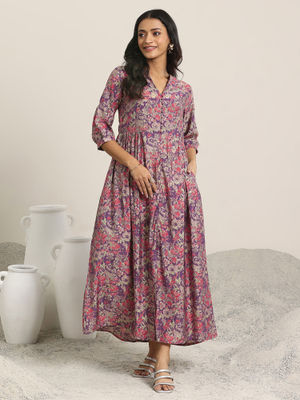 Buy Libas Purple Floral Printed A-Line Pleated Dress with Front Slit ...