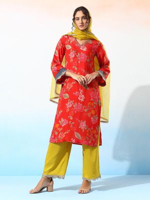 Buy Bani Women Floral Pure Silk Pakistani Style Kurta with Palazzo and ...