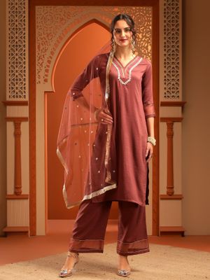 Buy Bani Women Brown, Pink and Gold-Toned Embroidered Kurta with ...