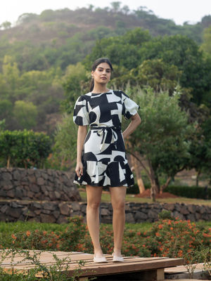 Buy 1101 - Eleven.O.One Black and White Mini Dress with Belt Online