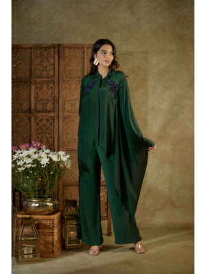 Buy MEHAK MURPANA Forest Green Embroidered One Side Kaftan Sleeves ...