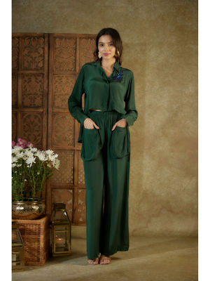 Buy MEHAK MURPANA Forest Green Embroidered Crop Shirt with Cargo Pants ...