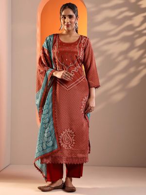 Buy Libas Rust Bhandhani Kurta and Trouser with Dupatta (S) Online