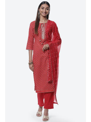 Biba Dress Material : Buy Biba Red Cotton Unstitched Suit (Set of 3 ...