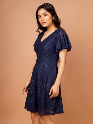 Buy Zink London Womens Navy Blue Lace A-Line Short Dress (XS) Online