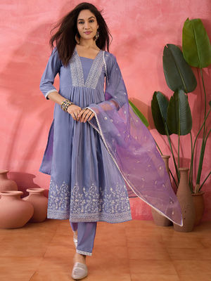 Buy KVS FAB Lavender Thread Embroidered Pleated Kurta with Pant and ...