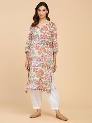 Buy Fabindia White Cotton Hand Block Printed Long Kurta Online