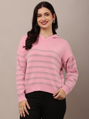 Buy NOBARR Women'S Acrylic Full Sleeve Hooded Striped Pink Sweatshirt ...