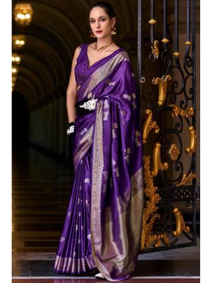 Buy Mysilklove Lollipop Purple Handloom Woven Zari Satin Silk Saree ...