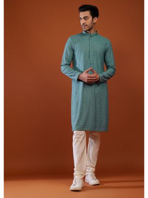Buy KALKI FASHION Deep Sea Green Thread Embroidered Silk Kurta (Set of ...