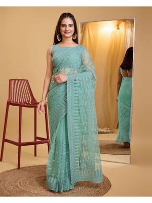 Buy VAIRAGEE Turquoise Soft Net Embroidery Saree with Unstitched Blouse ...