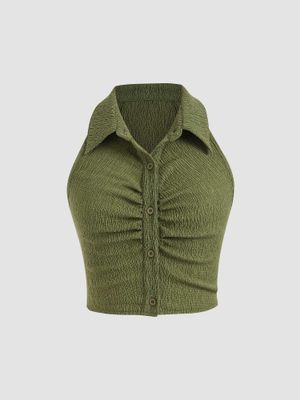 Buy Cider Solid Texture Collar Crop Top Online