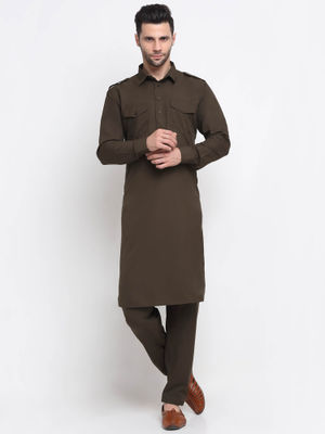 Buy Kraft India Men Cotton Brown Pathani Kurta with Trousers (Set of 2 ...