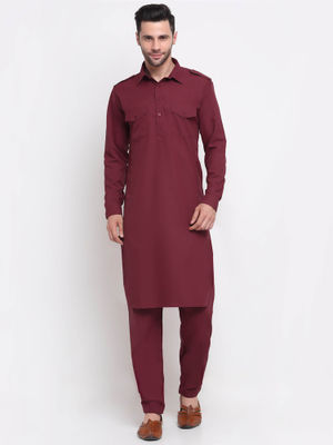 Buy Kraft India Men Cotton Maroon Pathani Kurta with Trousers (Set of 2 ...