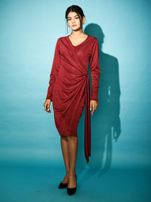 Buy Weaving Cult Maroon Shimmer Cowl Tie Evening Midi Dress Online