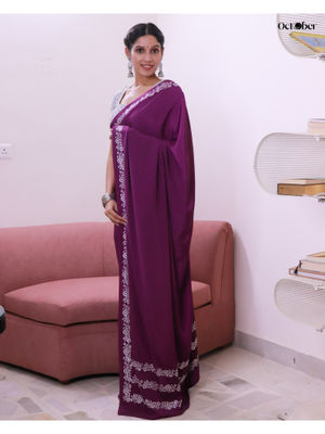 Buy October Chandi Ki Purple Silver Border Crepe Saree with Unstitched ...