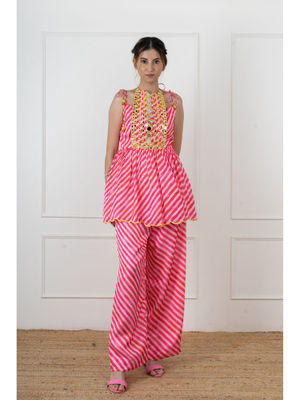 Buy NEHA SHARMA LABEL Pink Lehariya Kurta (Set of 2) Online