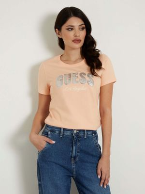 Buy Guess Peach Embellished Regular Fit T-Shirt (XS) Online