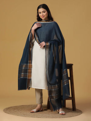 Buy Shingora Teal Cotton Tencel Woven Dupatta Online