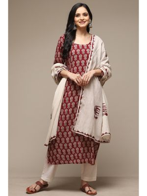 Buy Biba Red Cotton Unstitched Suit (Set of 3) Online
