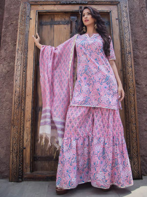 Ambraee Salwar Suits and Sets : Ambraee Pink Bageecha Kurta Sharara Set With Dupatta (Set of 3 ...