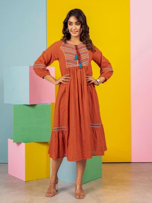 Buy Autumnlane Rust Jhalak Saffron Cotton Dress (S) Online