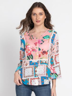 Buy SHAYE Multi Color V-neck Floral Print With Lace Detail Full Sleeve ...