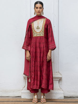 Buy Ganga Fashions Maroon Raw Silk Printed and Hand Detailed Festive ...