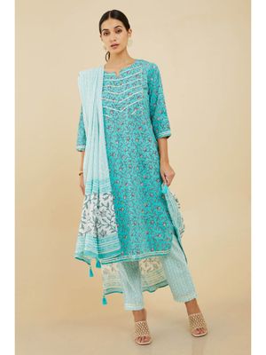 Soch Kurta Set : Buy Soch Women Blue Cotton Printed Suit (Set of 3 ...