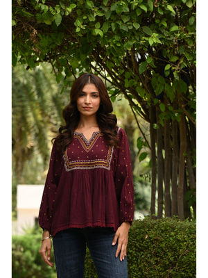 Buy NYARO Maroon Cotton Khadi Embroidered Top Online