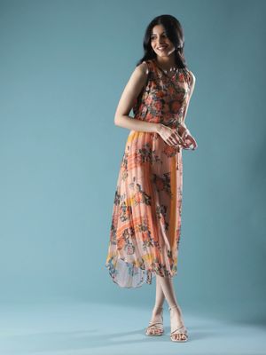 Buy Aarke Ritu Kumar Orange Floral Print Midi Dress with Inner (Set of ...