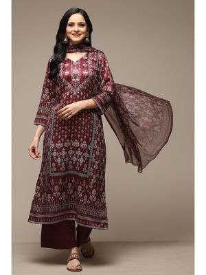 Buy Biba Maroon Cotton Unstitched Suit (Set of 3) Online
