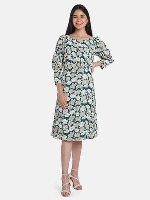 Buy Zink London Women Dark Green Blossom Cuffed Midi Dress Online