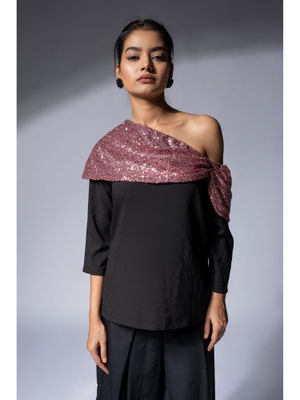 Buy Weaving Cult Black Draped Sequins Off-Shoulder Top Online