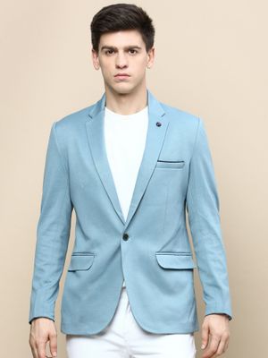 Buy SHOWOFFFF Men Notched Lapel Solid Turquoise Blue Single Breasted ...