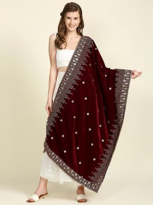 Buy Dupatta Bazaar Womens Embroidered Maroon Velvet Dupatta Online
