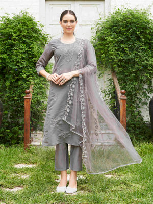 Buy Tikhi Imli Grey Colour White Cording Embroidered Kurta and Pants ...