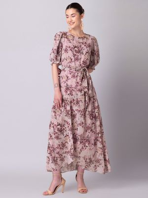 Buy FabAlley Pink Floral Ruffled Belted Maxi Dress Online