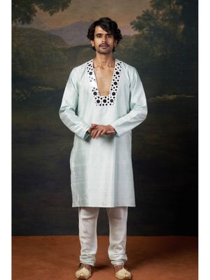 Buy THETAA Men Blue Embellished Mirror Work Kurta with Churidar (XS) Online