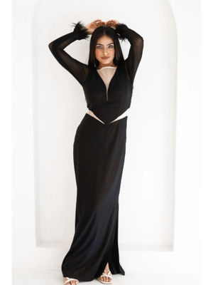Buy Ruhm Black Alamelu Gown with Cutouts and Feathers (XS) Online