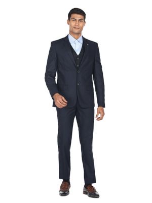 Buy AD By Arvind Men Navy Tailored Regular Fit Solid Twill Three Piece ...